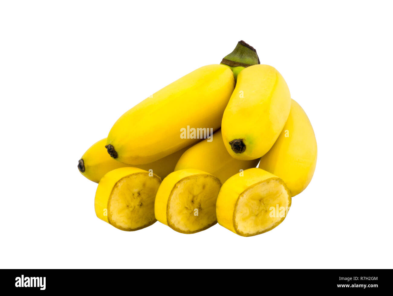 yellow ripe mini bananas isolated on white background. object, fruit ...