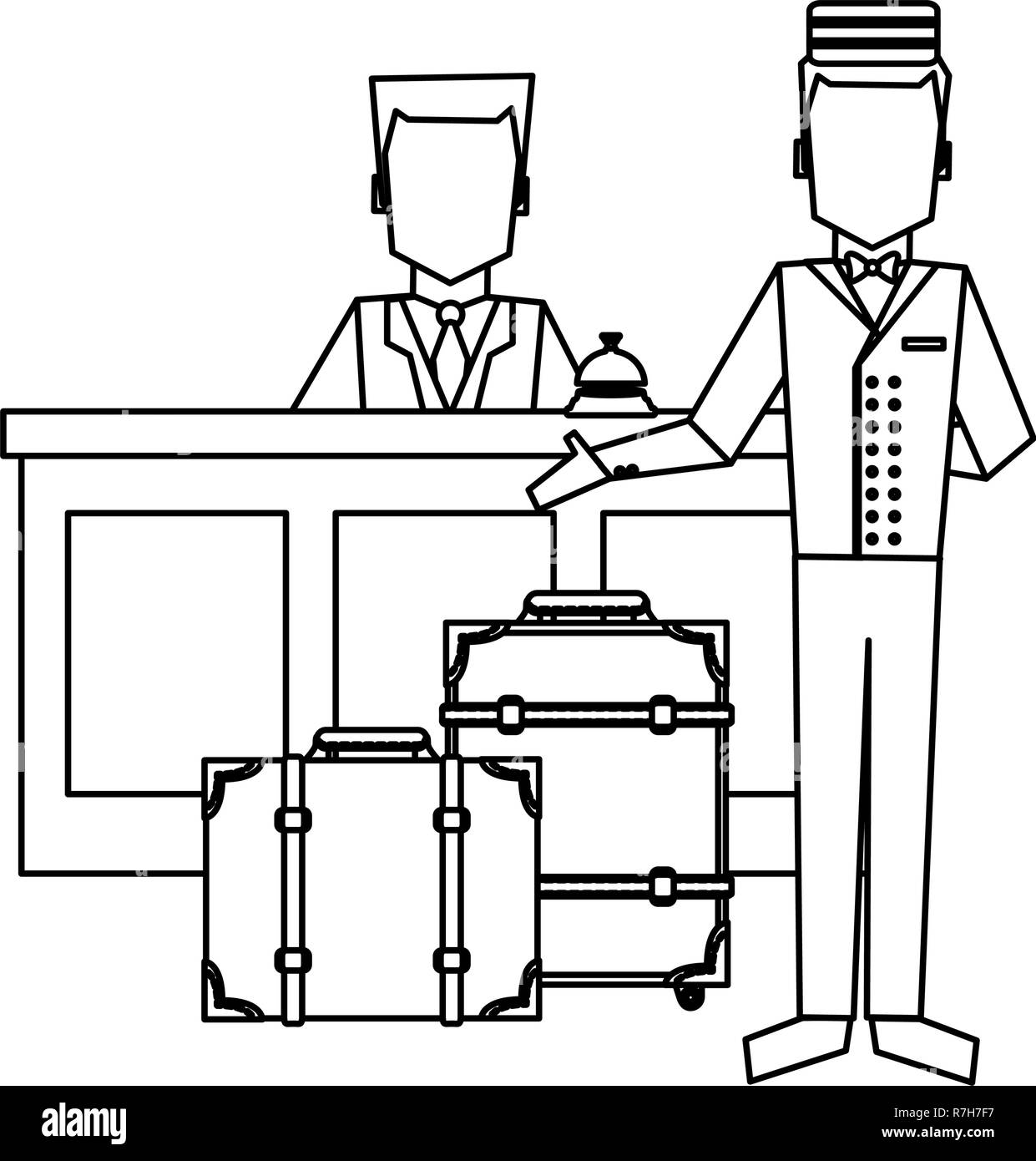 Bellboy with luggage at reception black and white Stock Vector Image ...
