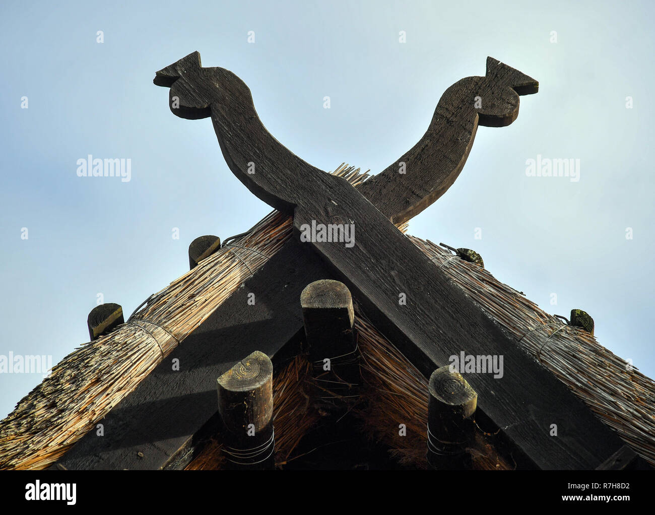 Lehde, Germany. 08th Dec, 2018. On the gable of a thatched house roof ...
