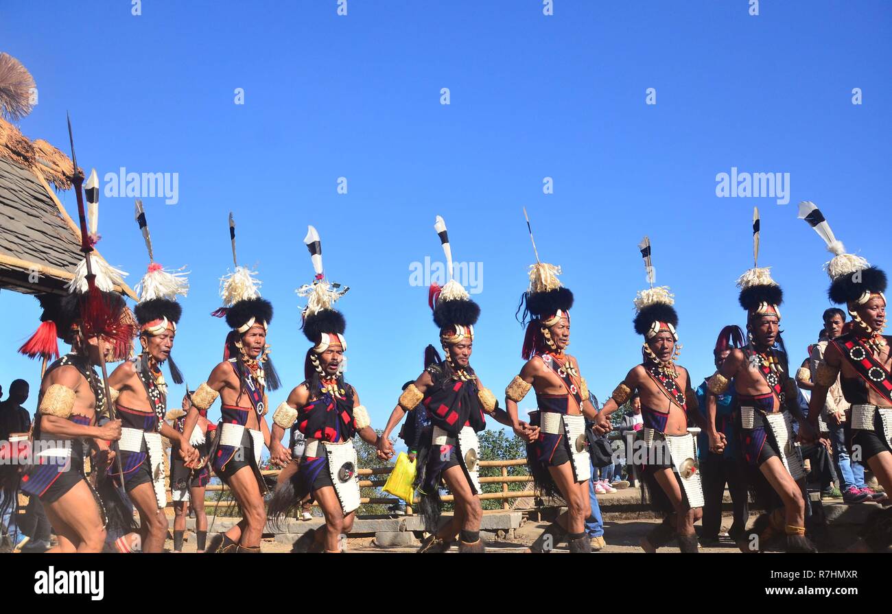 Kisama, Nagaland. 10th Dec 2018. Naga tribesman from Khiamniungan tribe ...