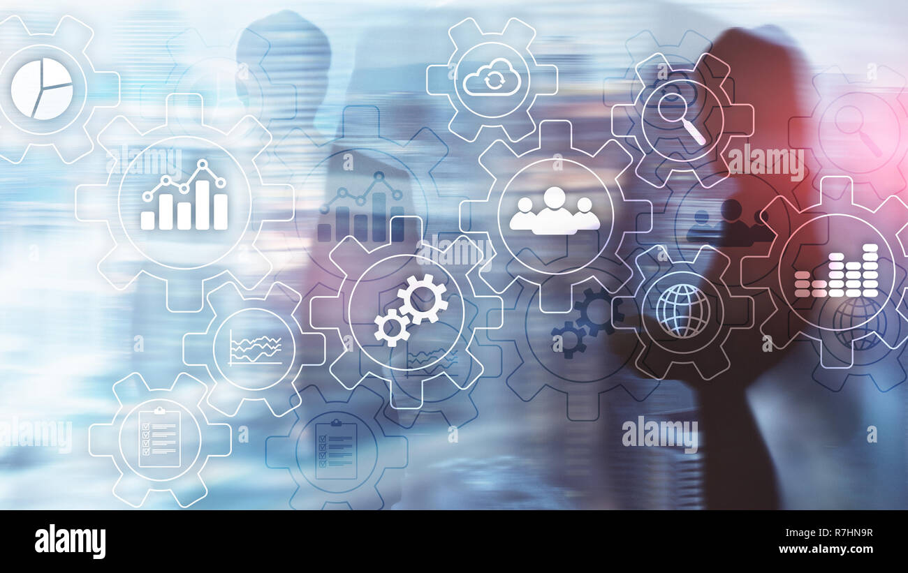 Business process abstract diagram with gears and icons. Workflow and ...