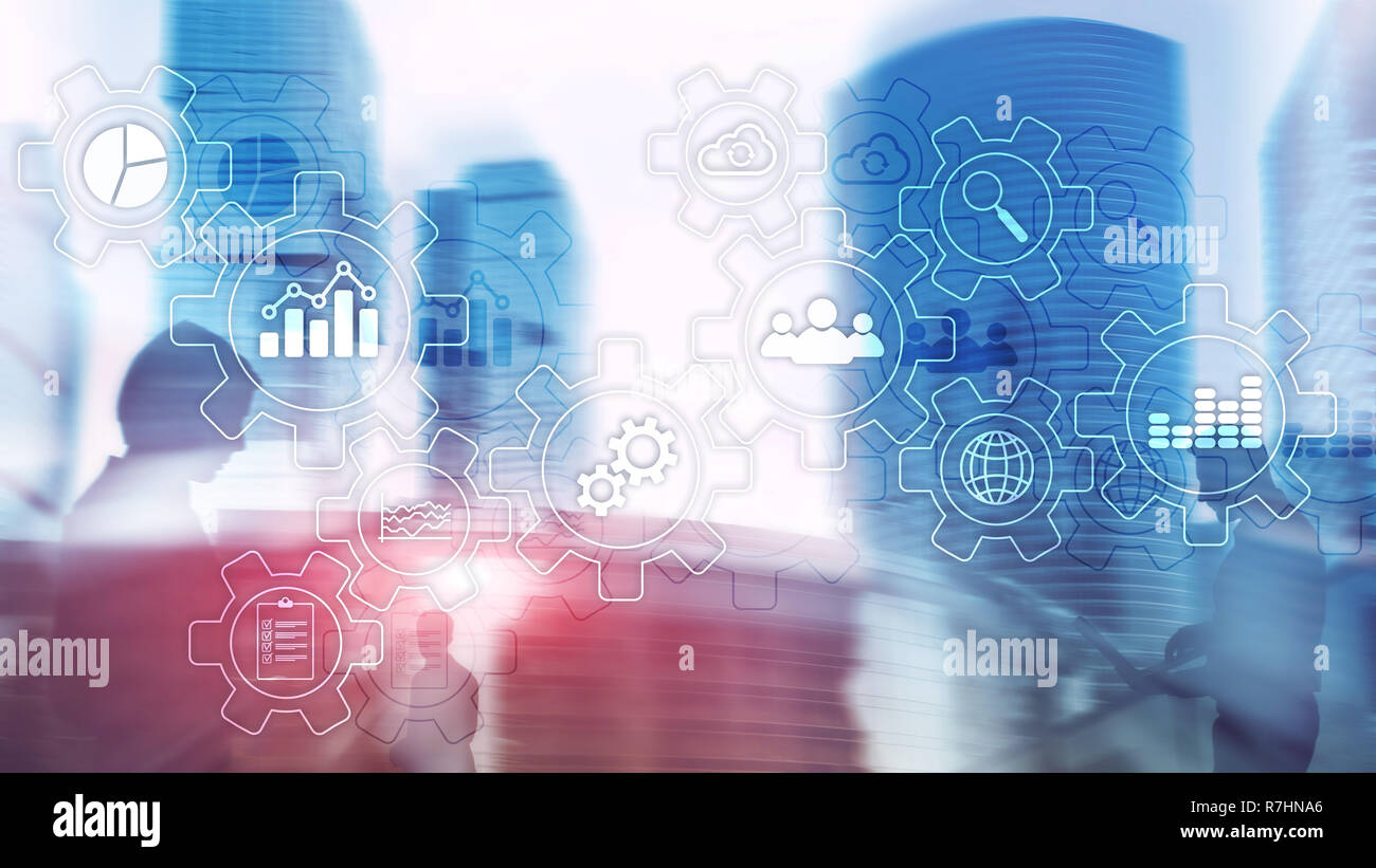Business process abstract diagram with gears and icons. Workflow and ...