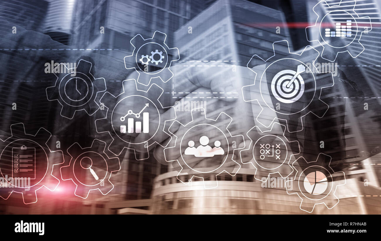 Business process automation concept. Gears and icons on abstract ...