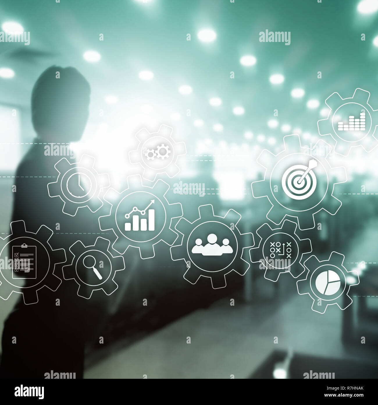 Business process automation concept. Gears and icons on abstract ...