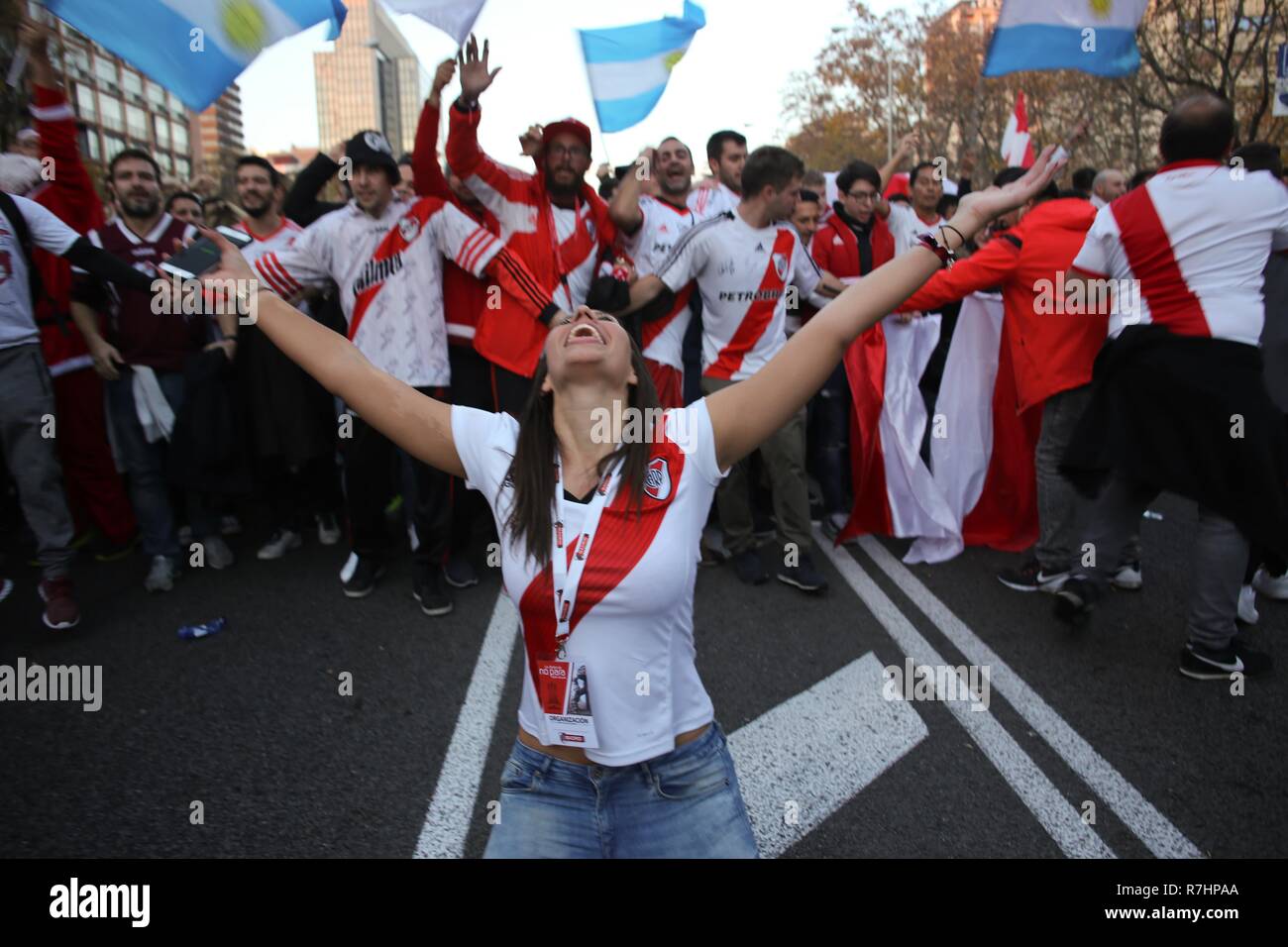A female river plate fan seen outside the stadium before the match. The ...
