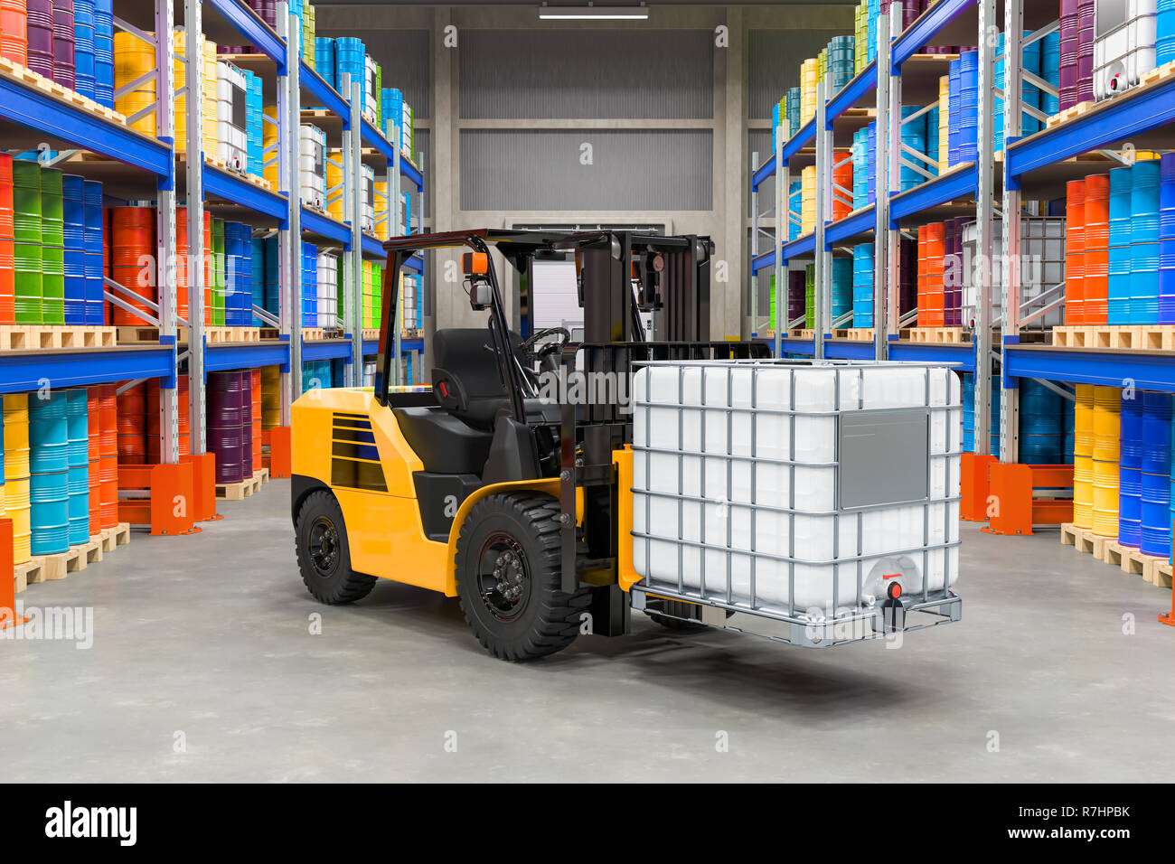 Chemical storehouse with intermediate bulk container on the forklift ...