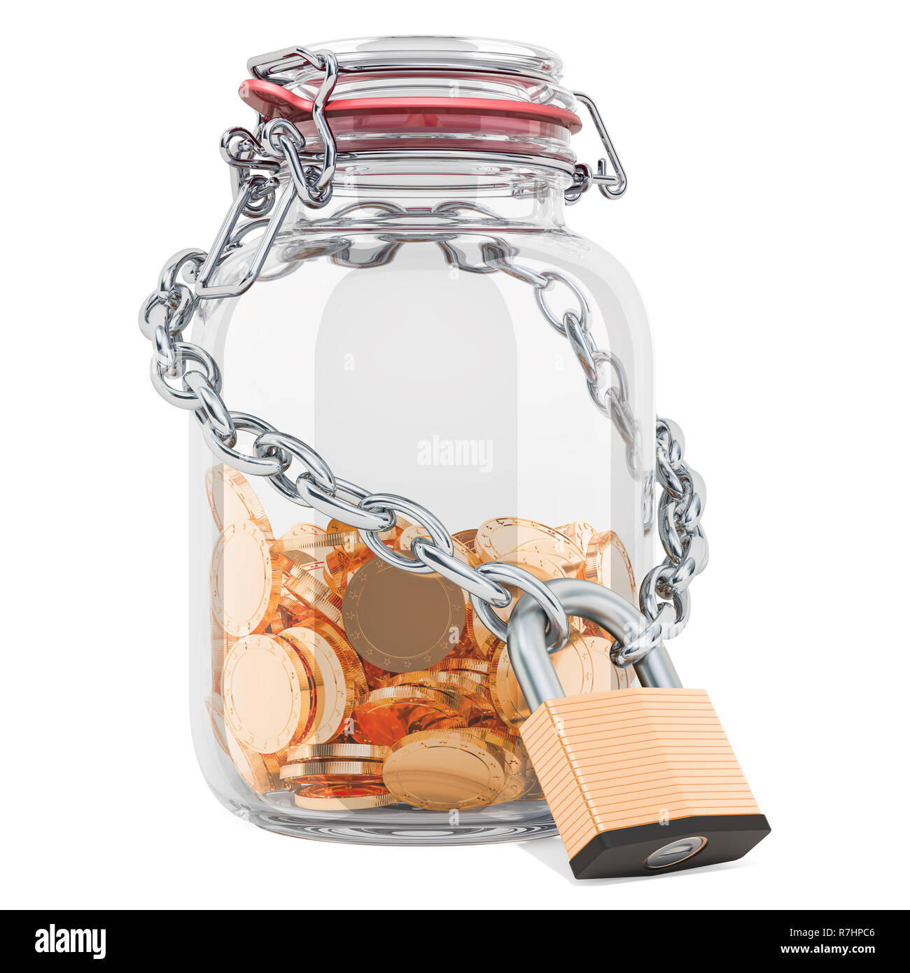 Golden coins inside glass jar with chain and padlock. Financial ...