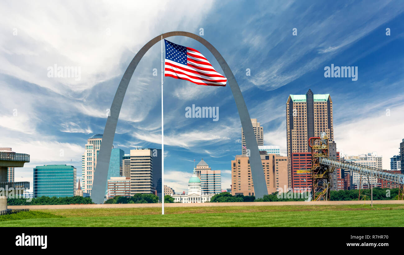 St. Louis Arc over the Mississippi river with American Flag and capital ...