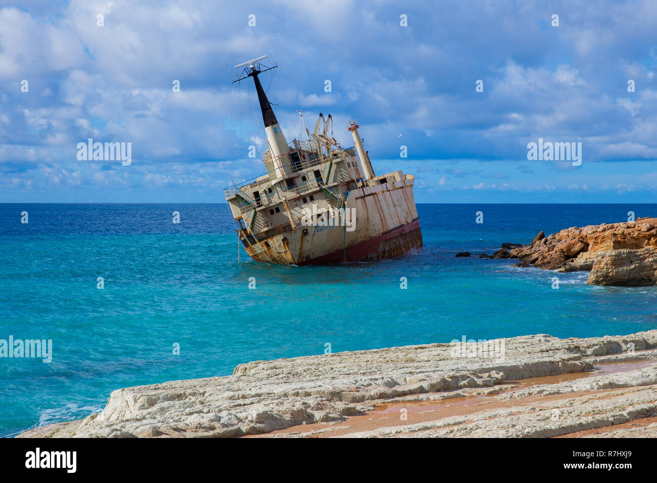 City Paphos, Cyprus. Old ship wreck and blue water beach. Travel photo ...