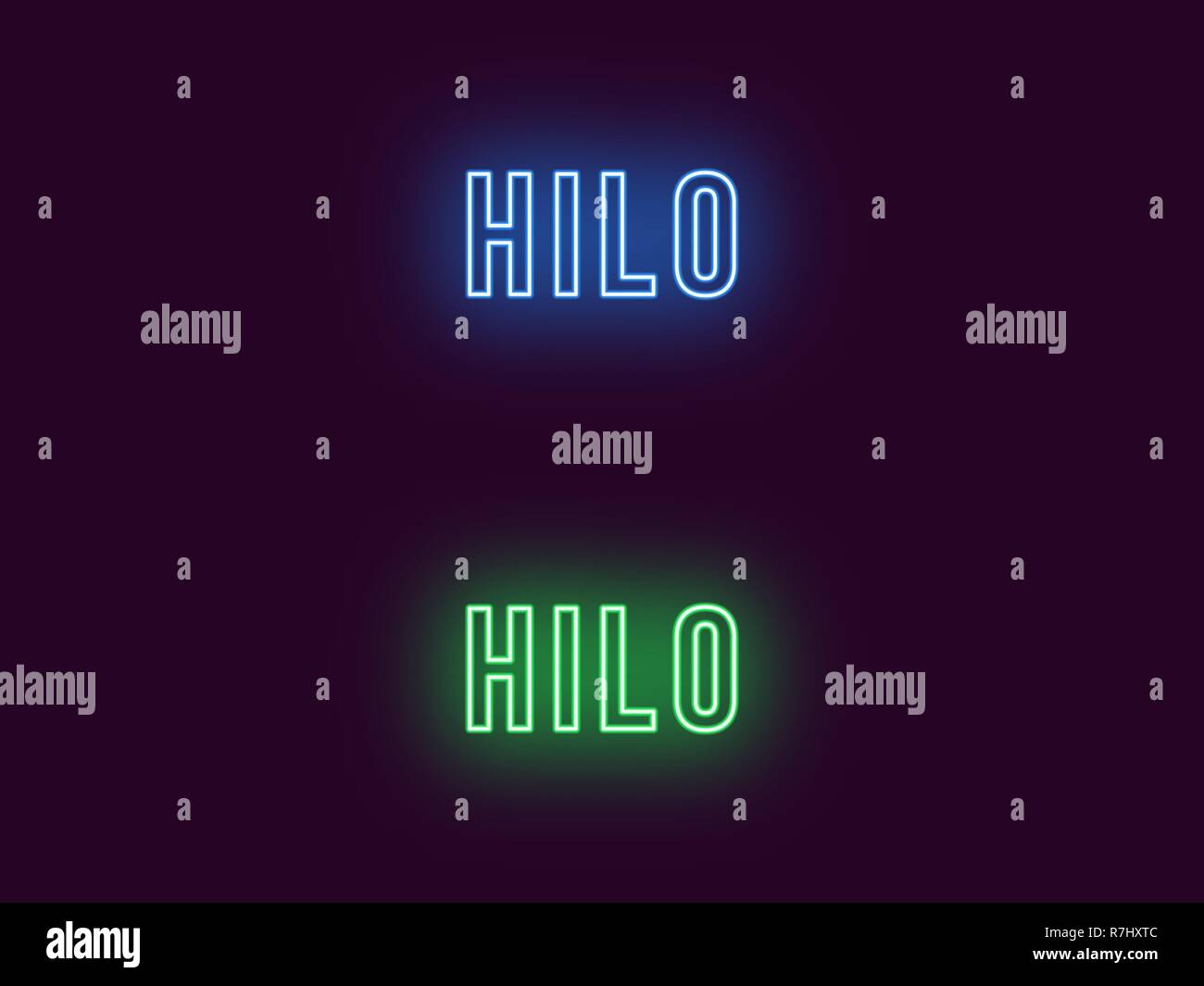 Neon name of Hilo city in Hawaii. Vector text of Hilo, Neon inscription ...