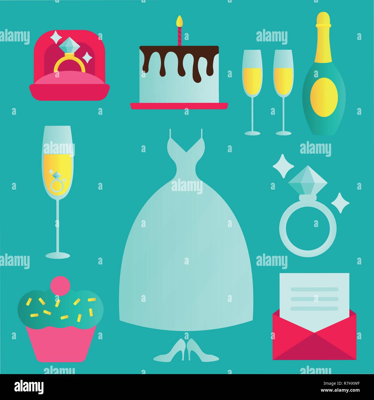 Traditional wedding icons set with engaged couple and bridal party ...