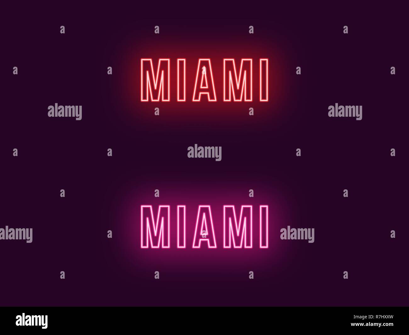 Neon name of Miami city in USA. Vector text of Miami, Neon inscription ...
