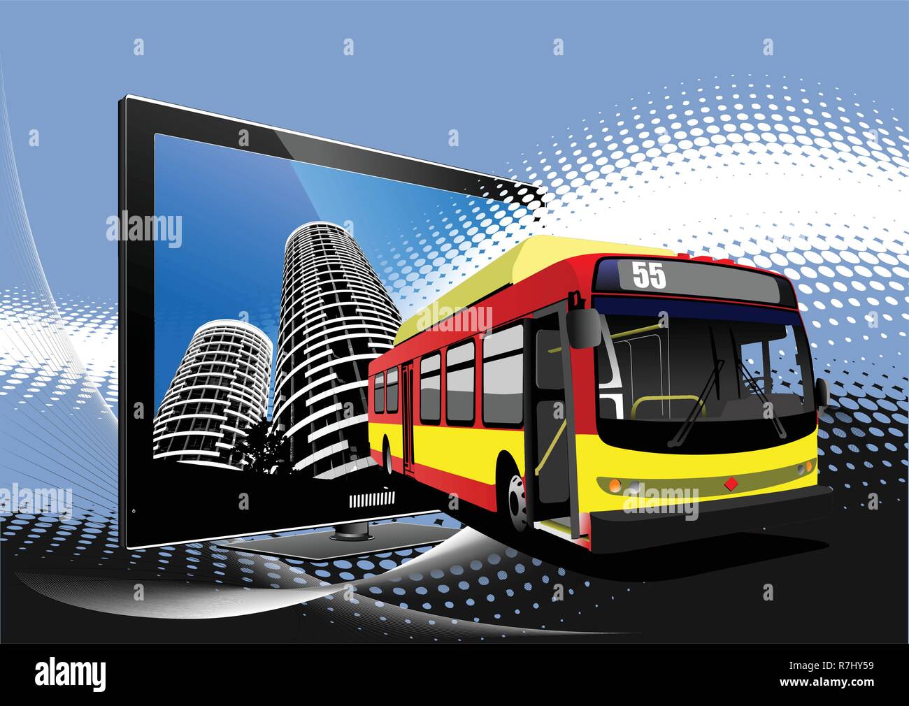 Blue dotted background with Flat computer monitor and bus image. Vector ...