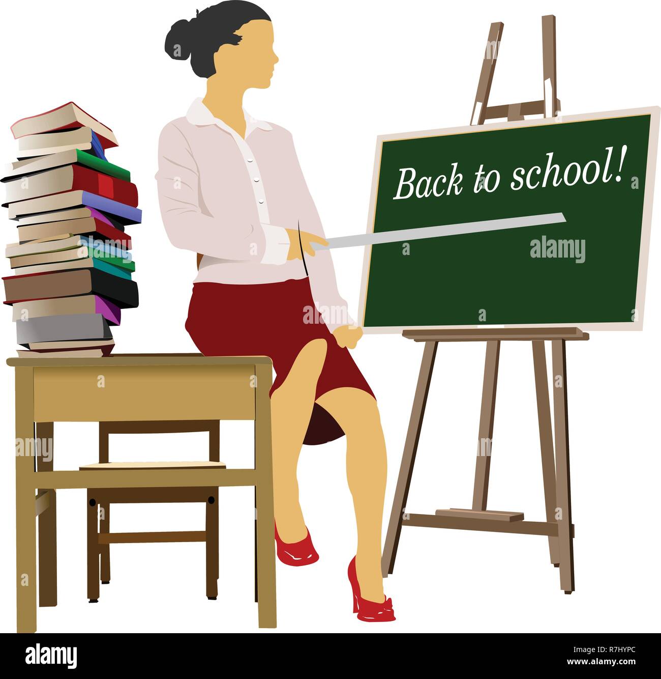 Woman teacher in classroom with book column. Back to school. Vector ...