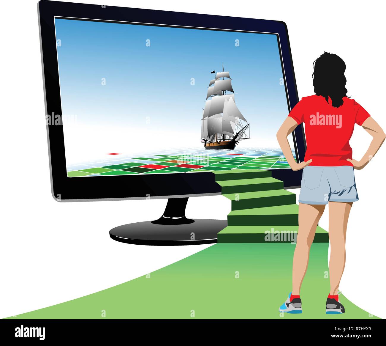 Futuristic monitor with sailing ship and young woman standing in front ...