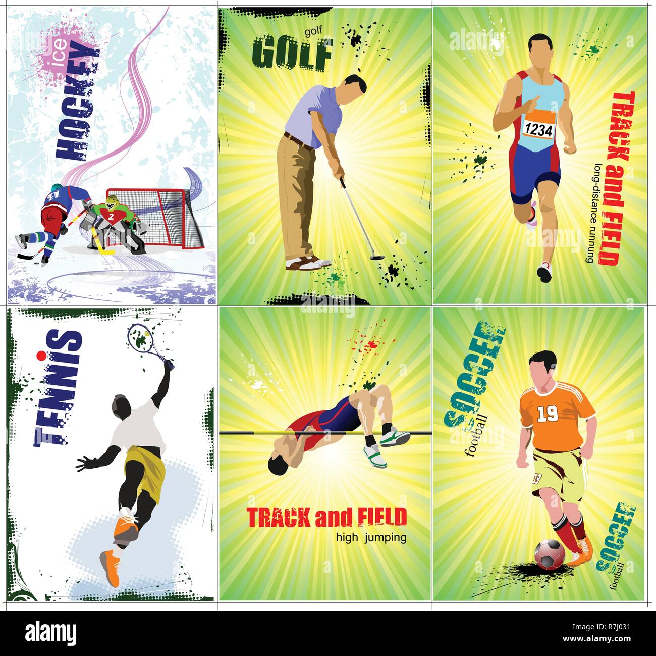 Six sport posters. Track and field, Ice hockey, tennis, soccer, golf ...