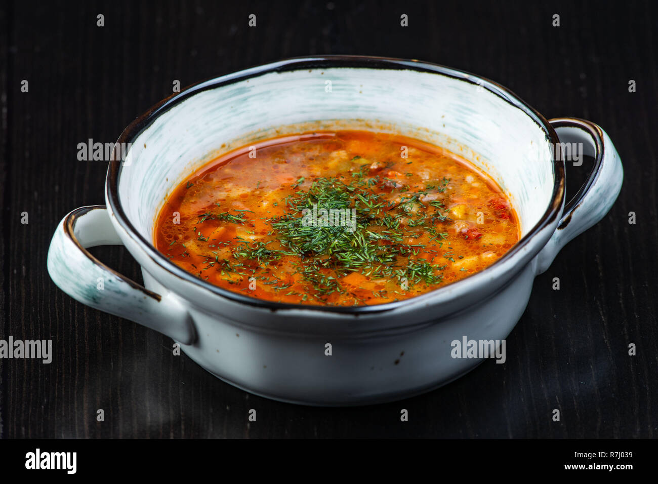 Vegetable soup with red beans, borscht, tomato soup, soup kharcho in a ...