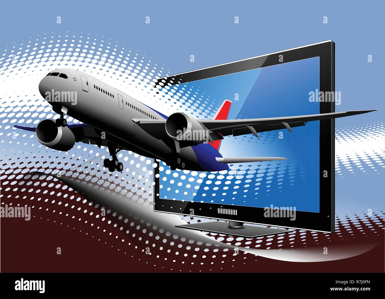 Blue dotted background with Flat computer monitor with passenger ...