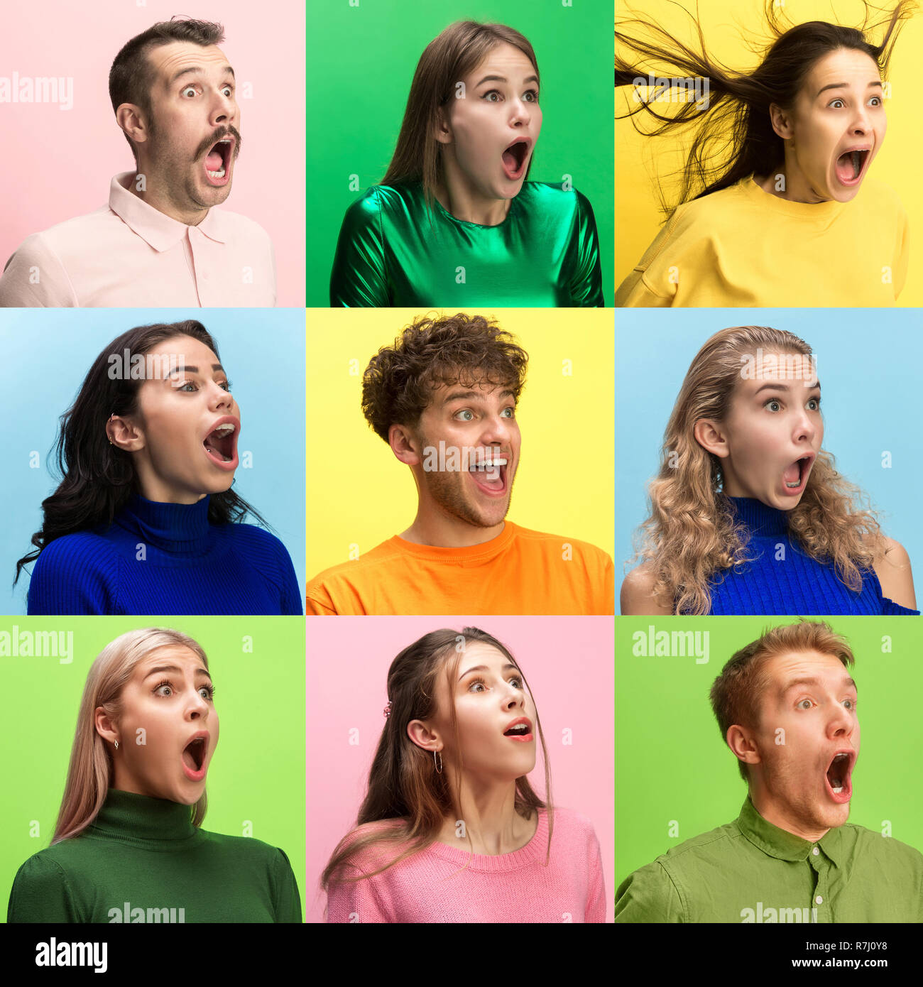 The surprised and astonished young woman and man screaming with open ...