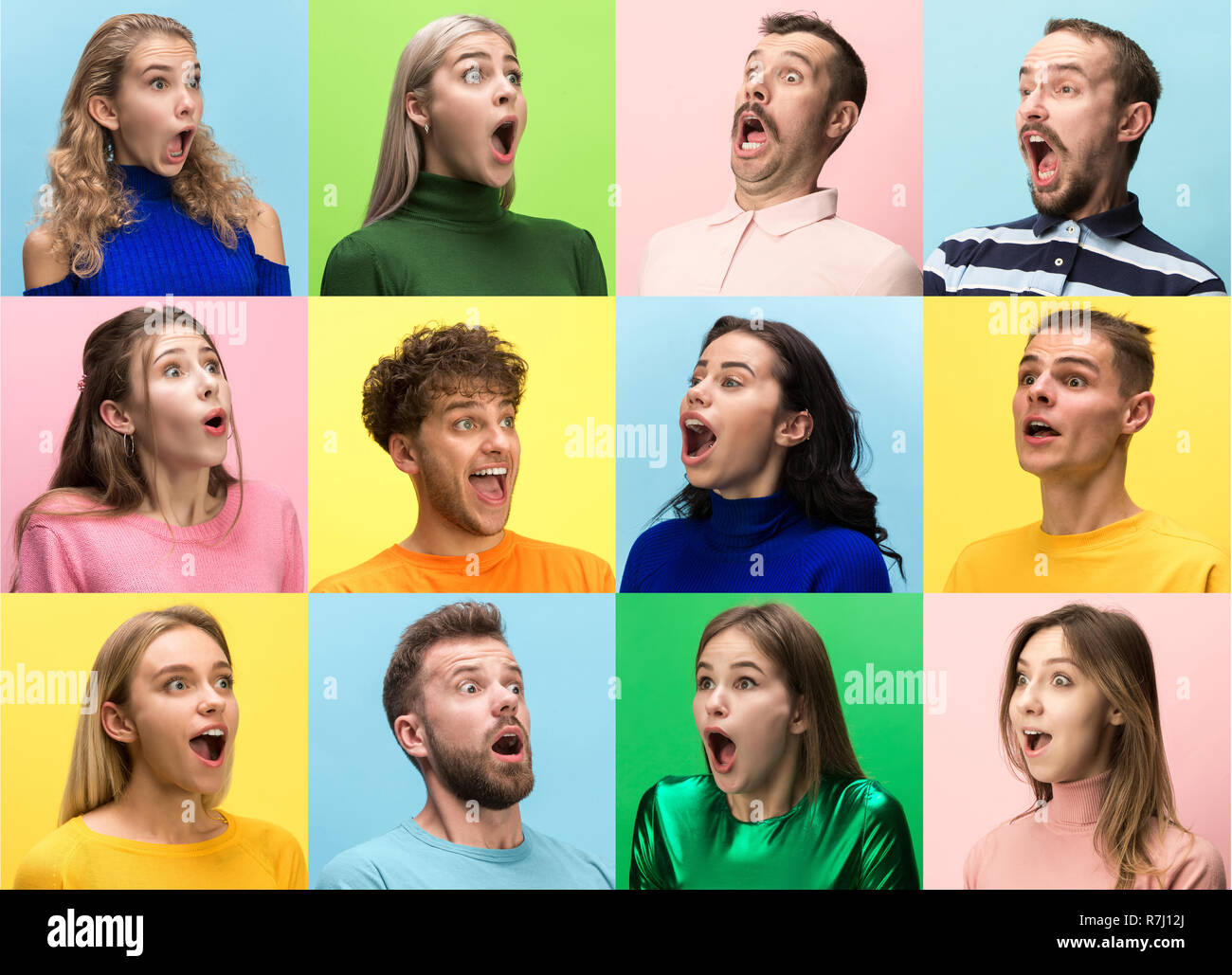 The surprised and astonished young woman and man screaming with open ...