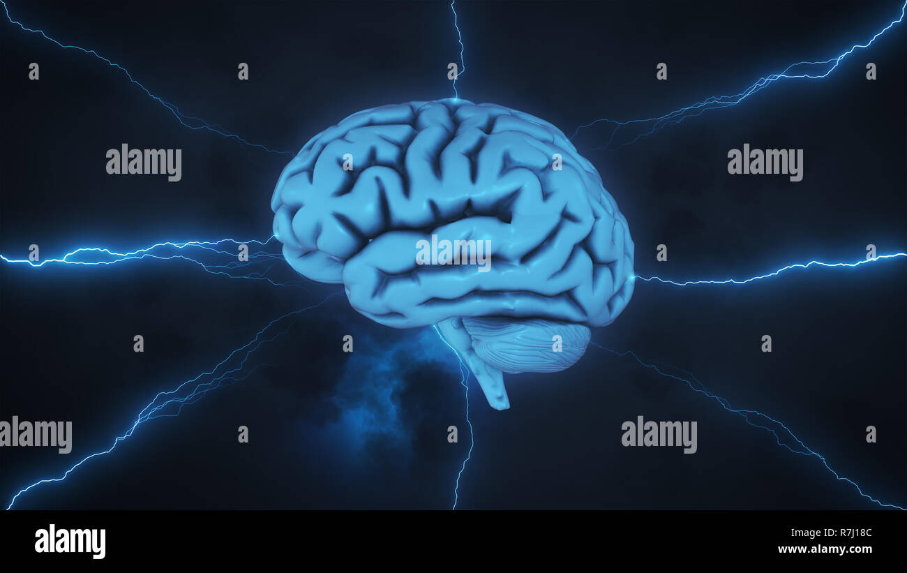 Brainstorm - 3D render of brain, lightning and clouds illustrating the ...