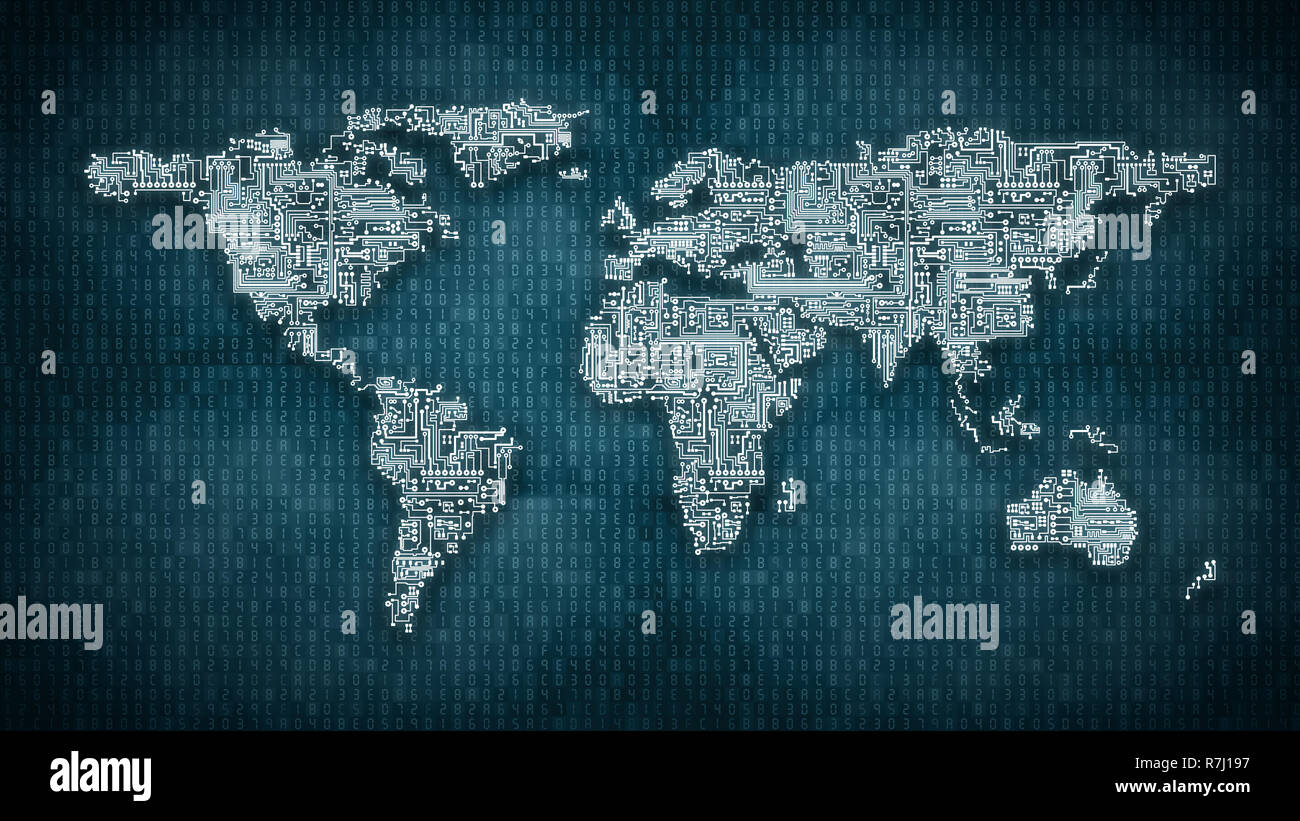 World map rendered as computer circuit illustration Stock Photo - Alamy