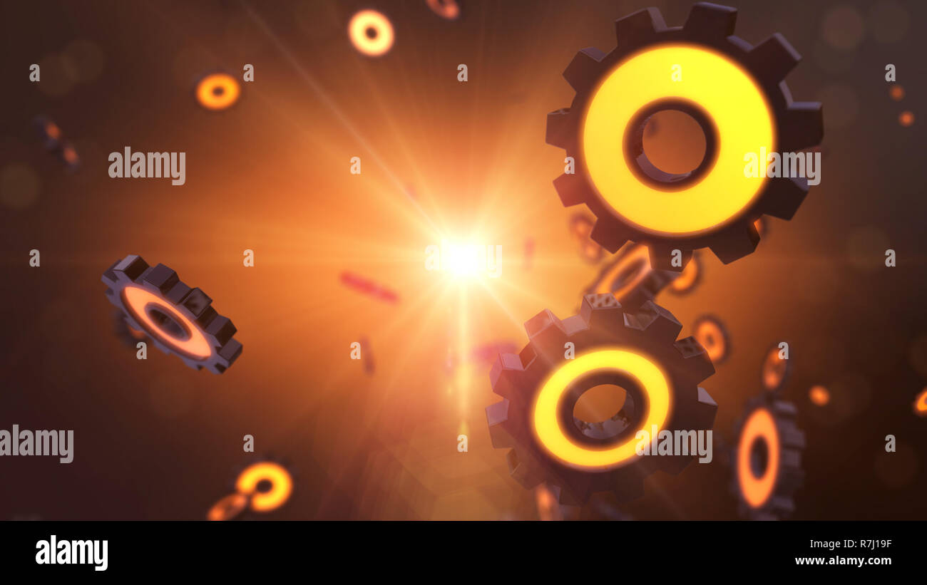 Orange gear wheel machine explosion - 3D rendered illustration Stock ...