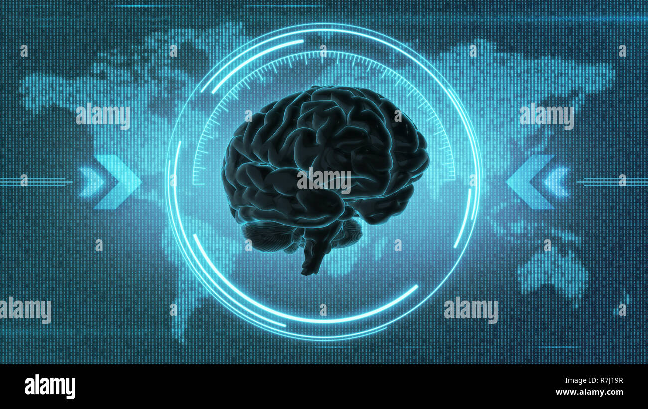 Dark brain HUD 3D rendered illustration n front of digital map of the ...