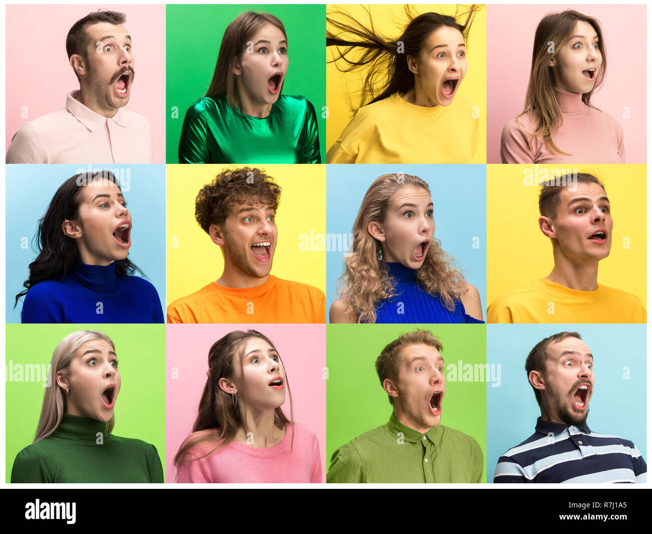 The surprised and astonished young woman and man screaming with open ...