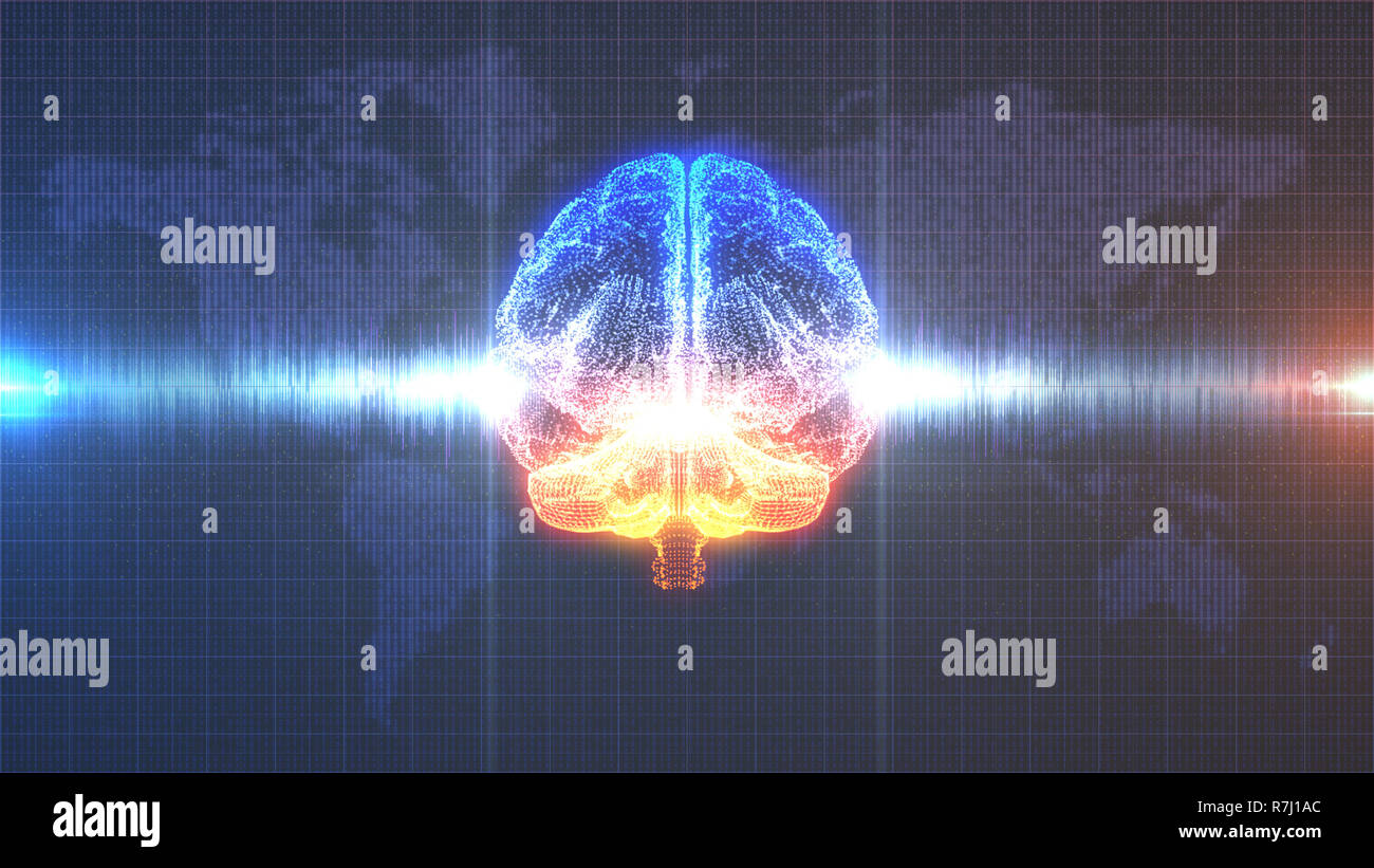 Orange and Blue Digital Computer Brain with brainwave in front of faded ...