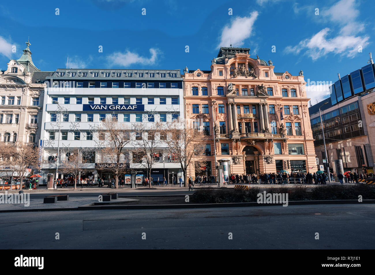 PRAGUE, CZECH REPUBLIC - DECEMBER 8, 2018: Historic buildings in Advent ...