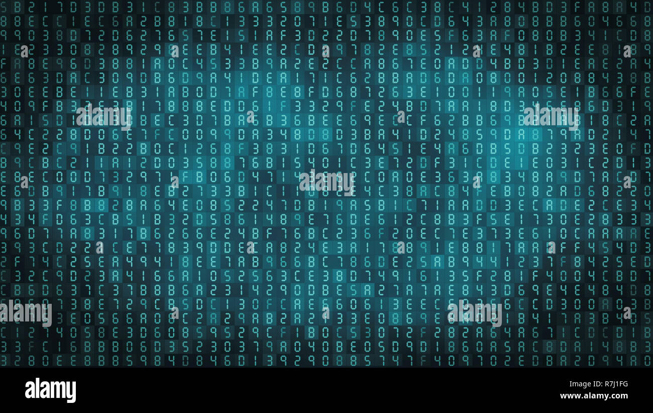 Digital computer code display background in blue and green illustrating ...