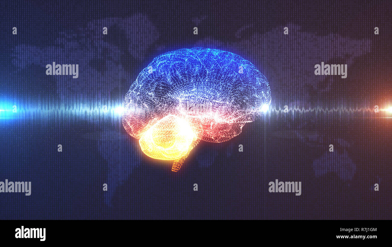 3D CGI illustration of Orange and Blue Digital Computer Brain with ...