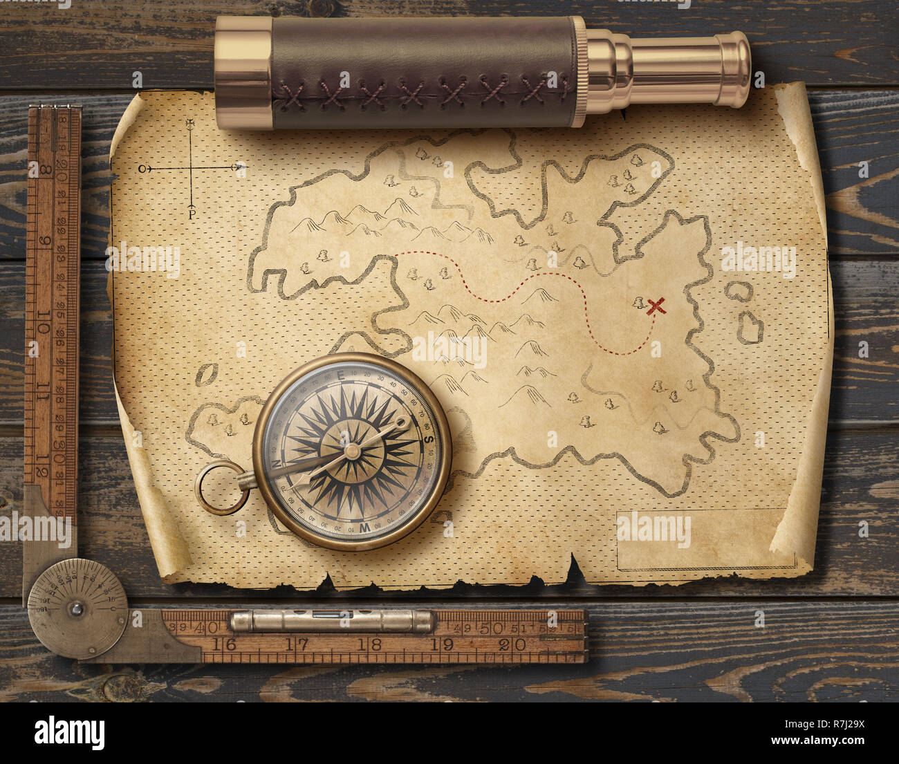 Old medieval pirates' map with compass and spyglass. Adventure and ...