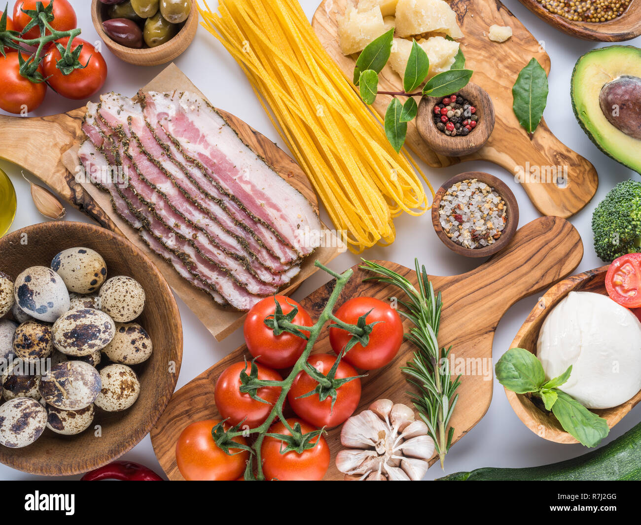 Variety of popular Italian food on white background. Top view Stock ...