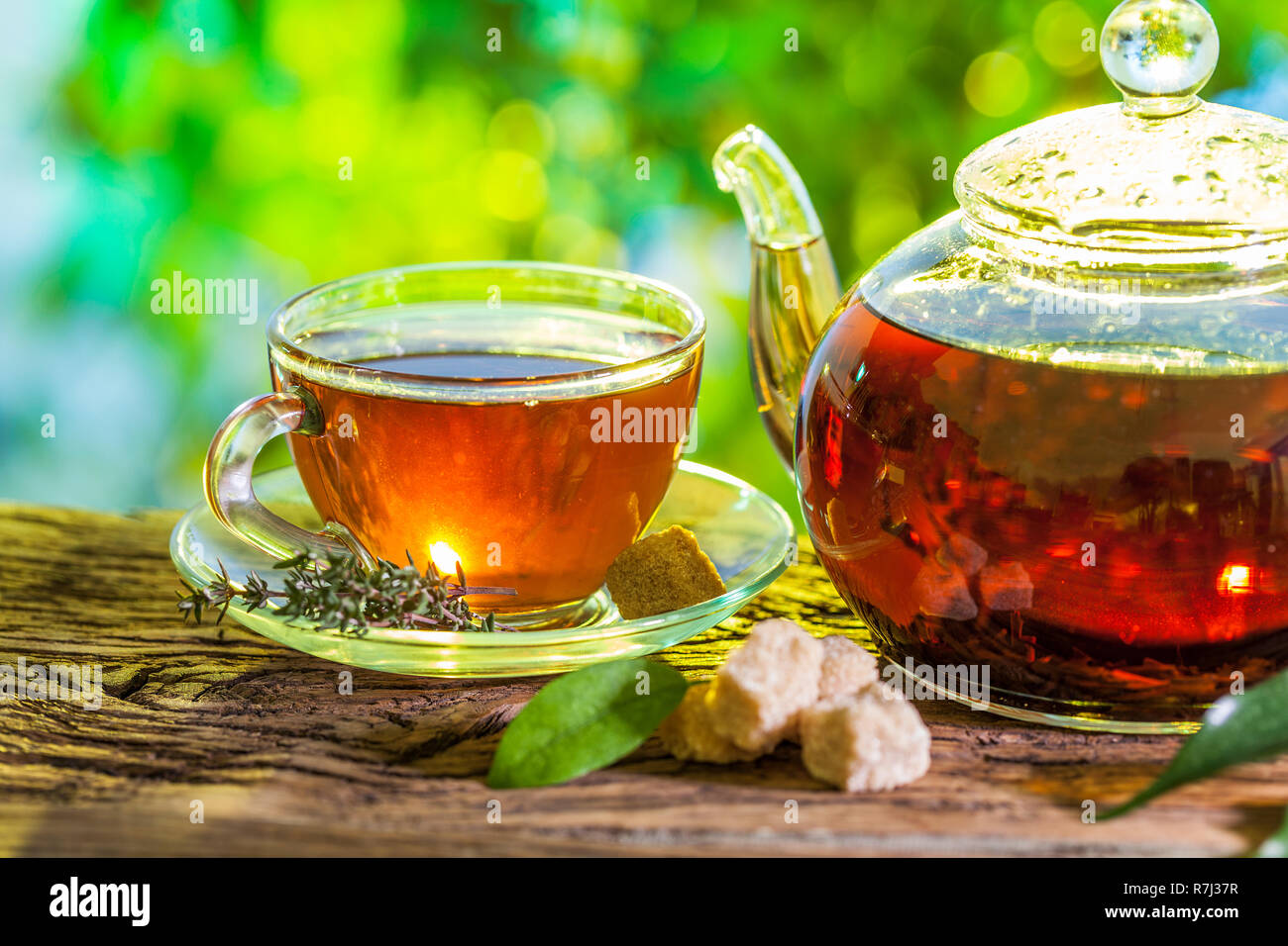 Tea time. Pouring out hot tea into a cup. Green nature background Stock ...