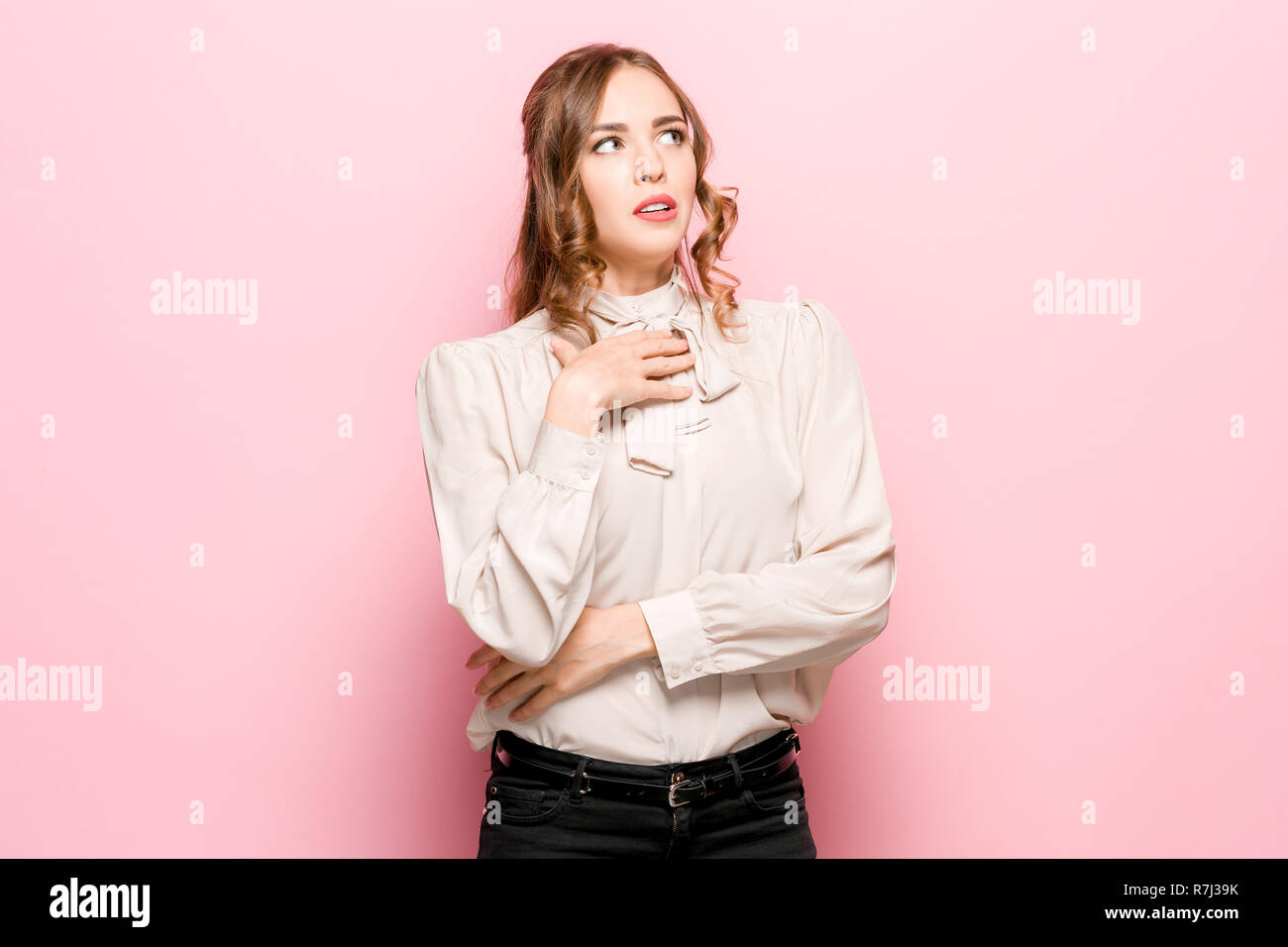 Let me think. Doubt concept. Doubtful pensive woman with thoughtful ...