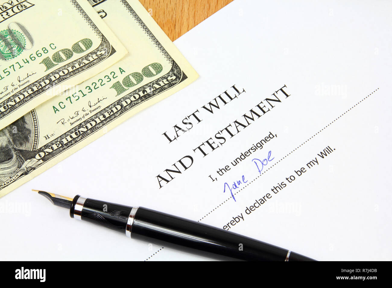 Last Will and Testament with a fictitious name and signature. Document ...