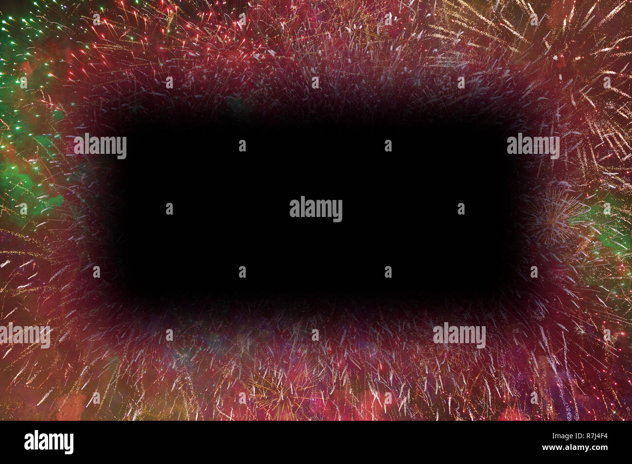 Colorful fireworks with black rectangle soft glowing edges copy space ...