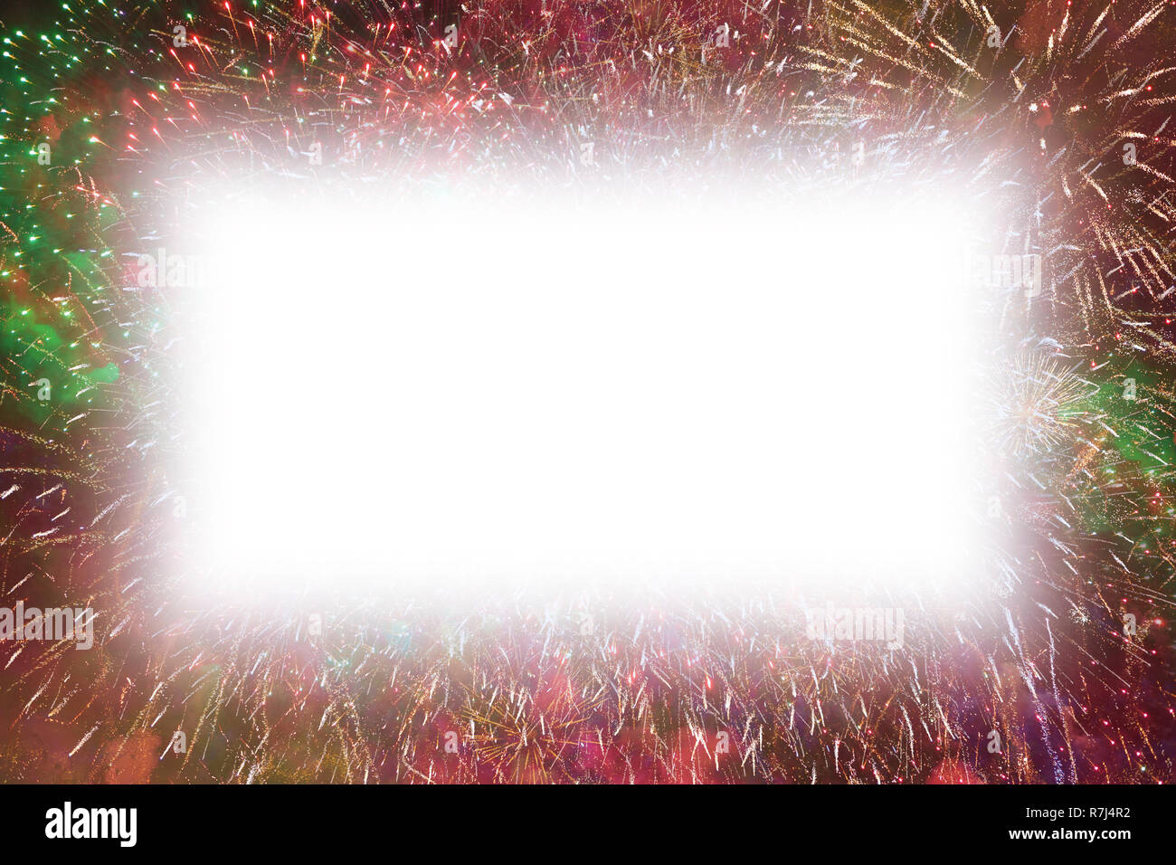 Colorful fireworks with white rectangle glowing edges copy space in the ...