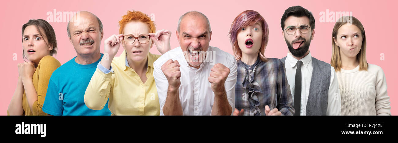 Collage od several men and women portraits. Different facial reaction ...