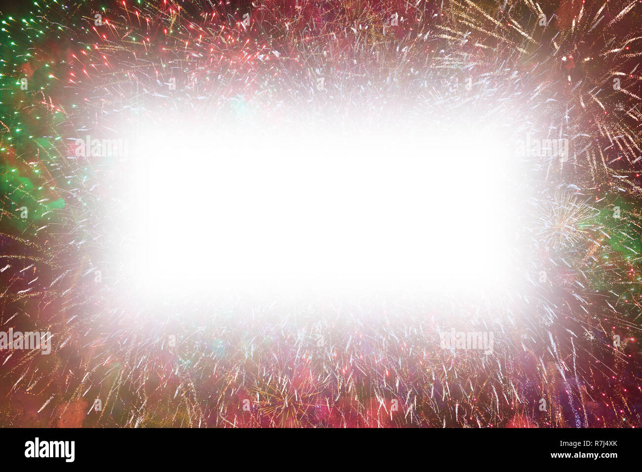 Colorful fireworks with white rectangle soft glowing edges copy space ...