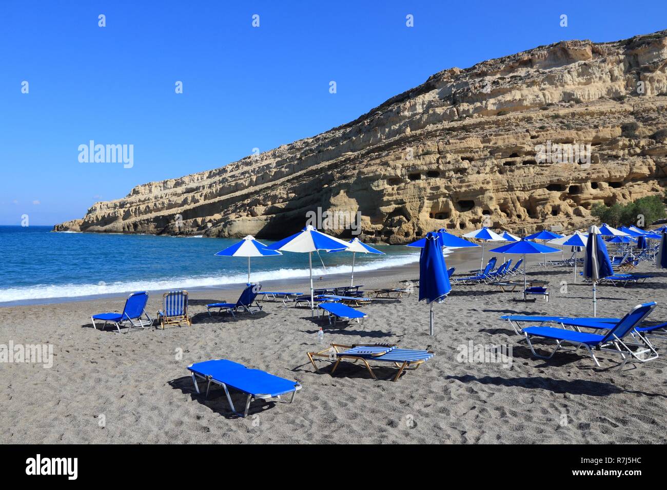 Coast of Crete island in Greece. Pebbly beach of famous Matala. There ...