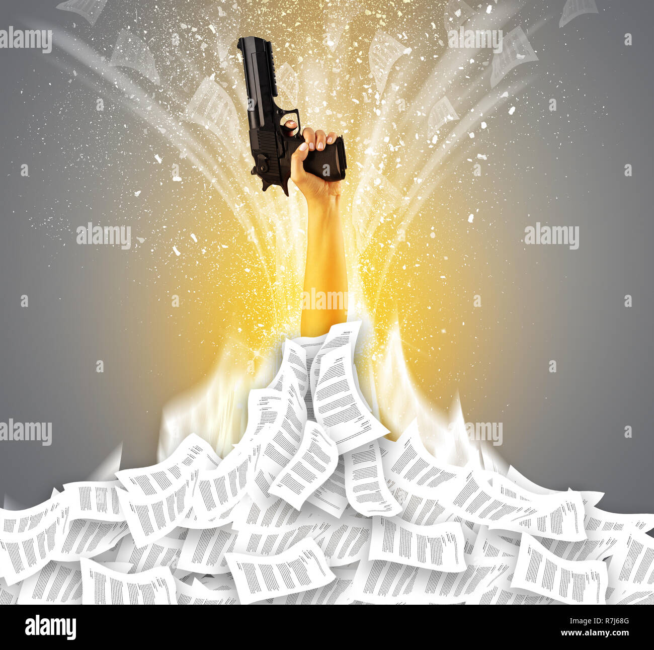 Hand buried in document pile and breaking out from it Stock Photo - Alamy