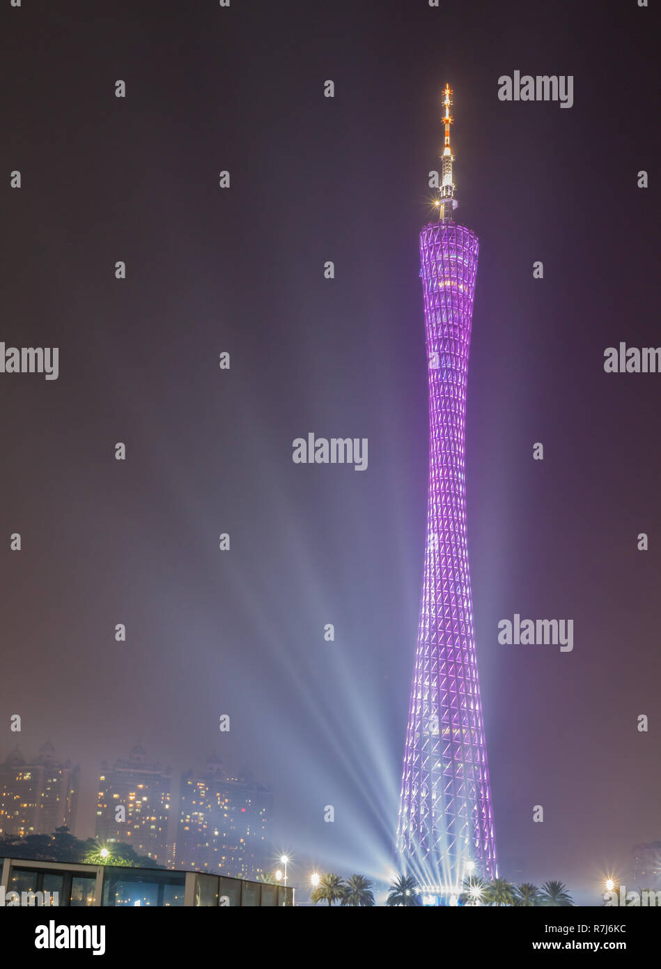 Canton Tower, Guangzhou, China, at night. Tower is illuminated in a ...
