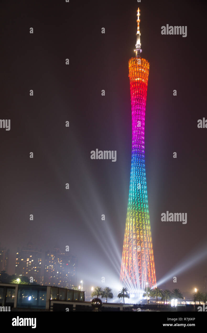 Canton Tower, Guangzhou, China, at night. Tower is illuminated in a ...