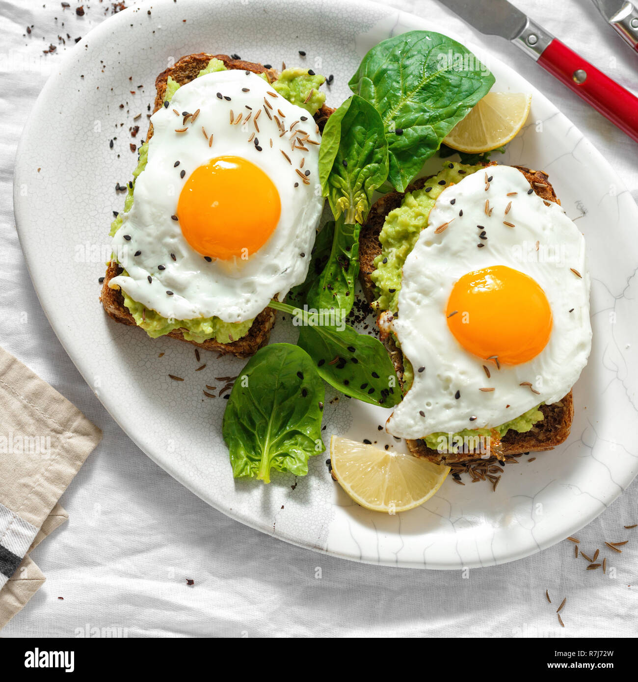 Top view healthy avocado toasts for breakfast or lunch with rye bread ...