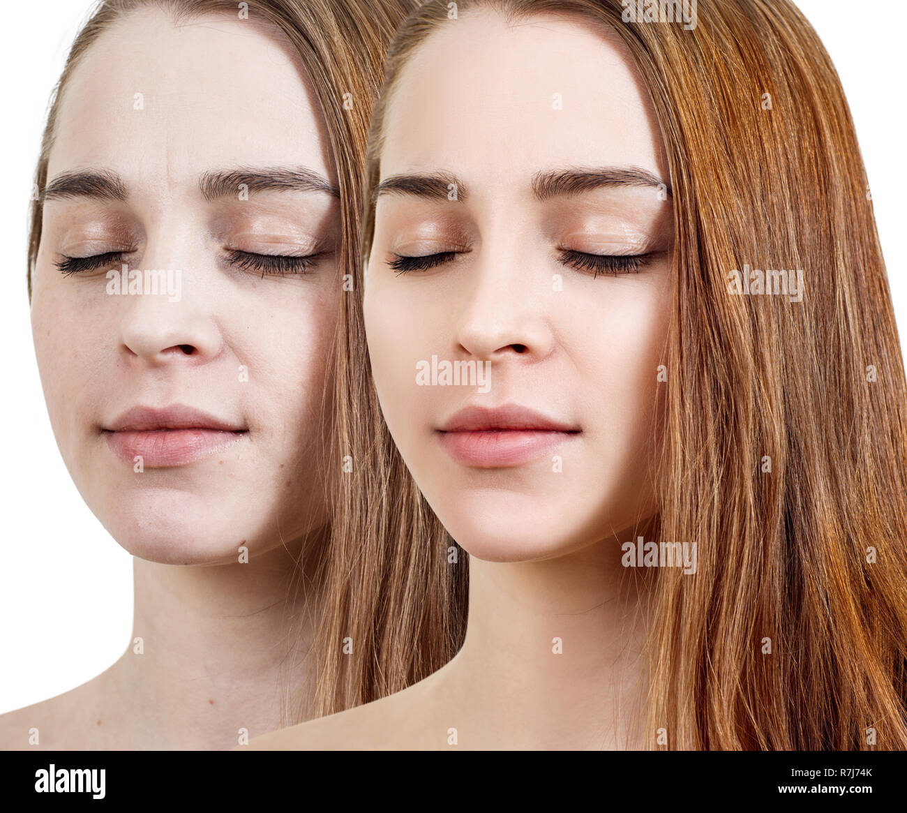 Comparison portrait of young woman before and after retouch. Over white ...
