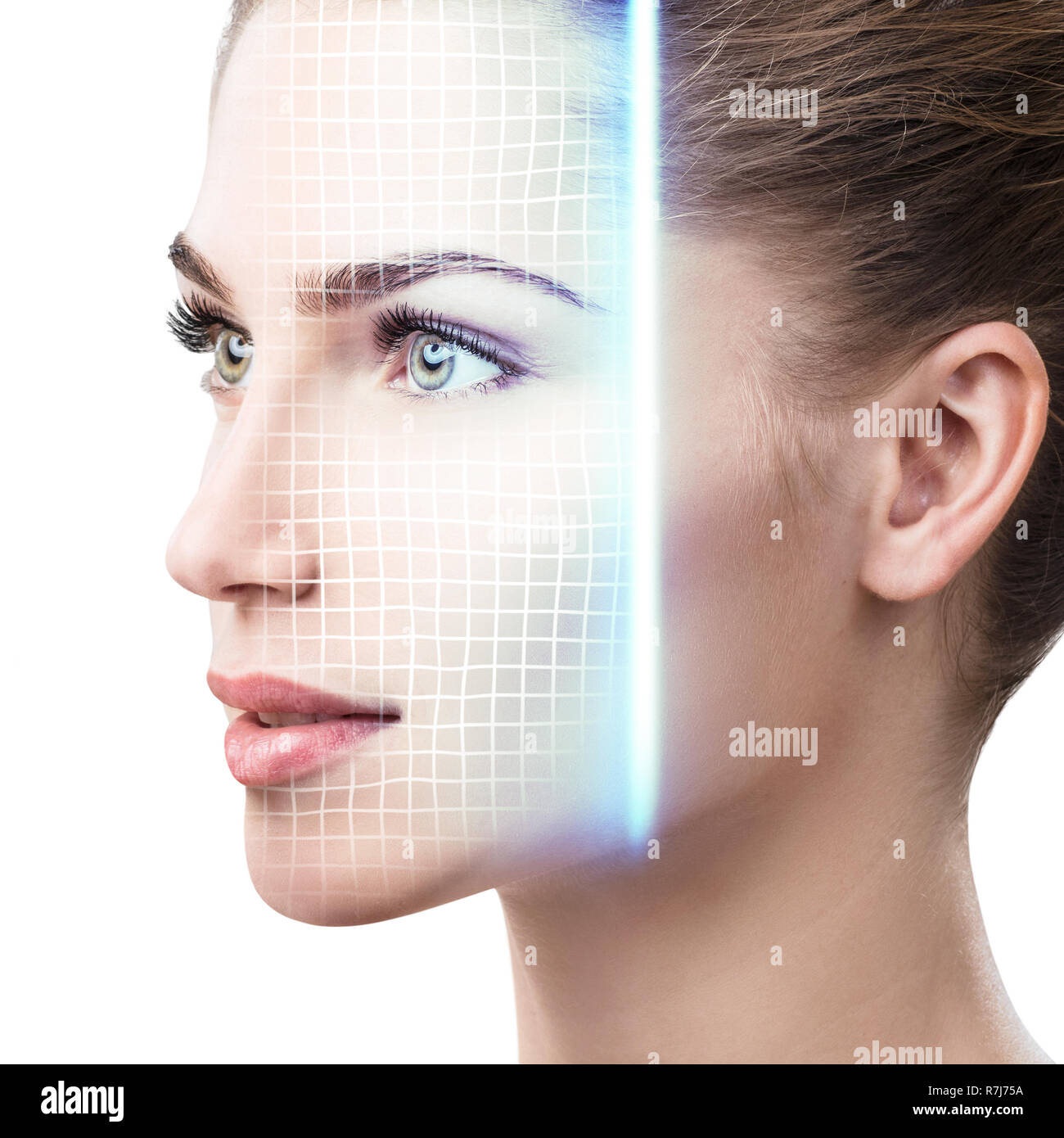Technological scanning of face of young woman. Concept of security ...
