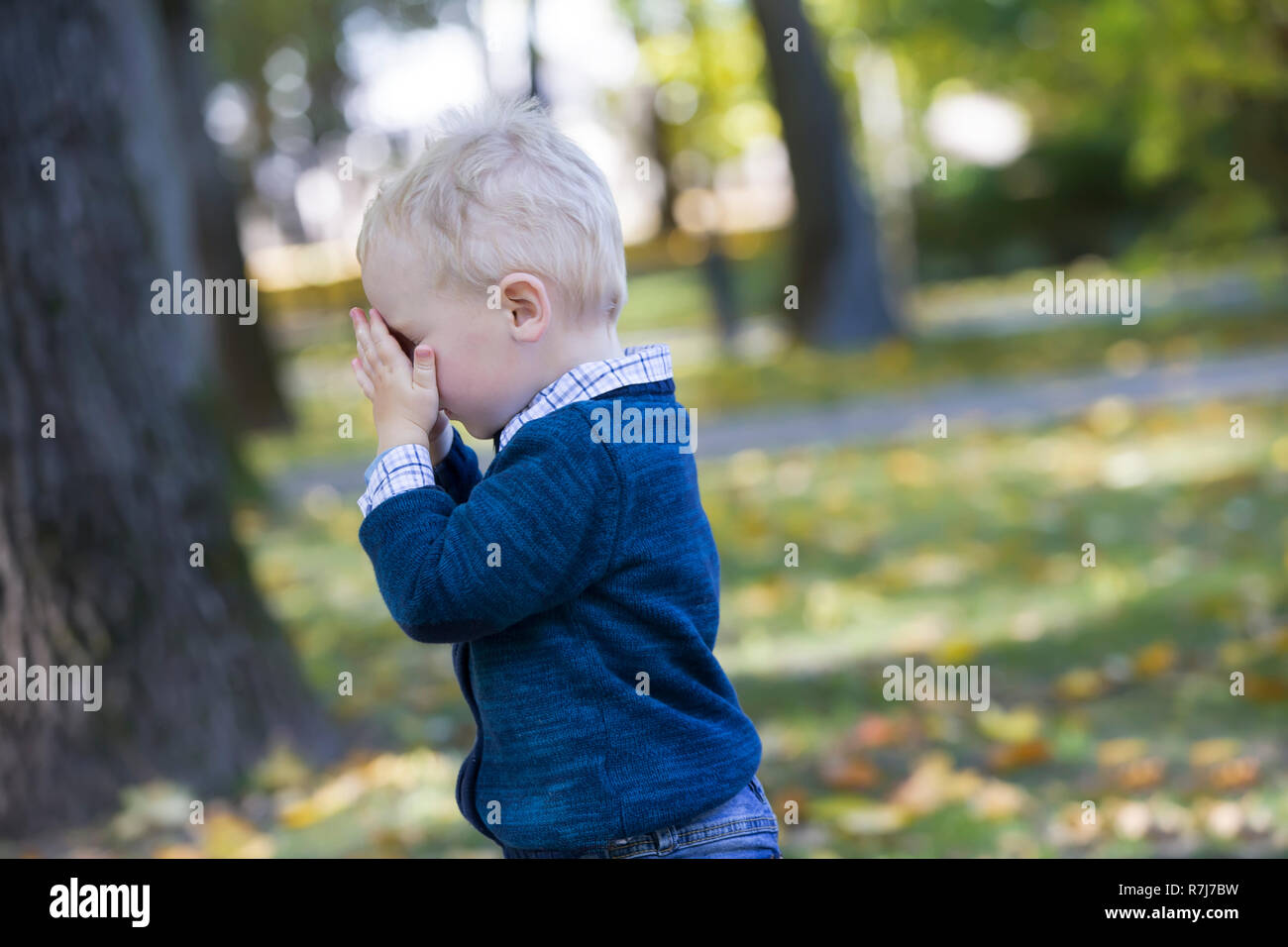 Little boy crying in autumn park Stock Photo - Alamy